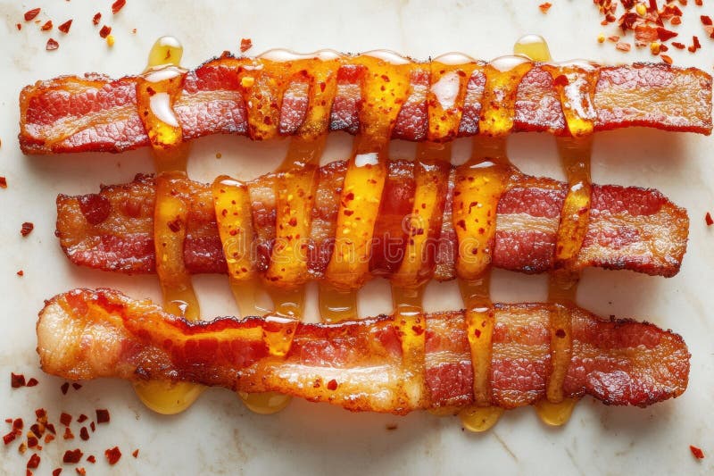 Crispy Bacon Strips with Honey and Red Pepper Flakes on Marble Surface ...