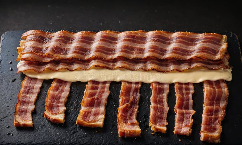Crispy Bacon Strips Layered on a Black Slate with a Layer of Cheese ...