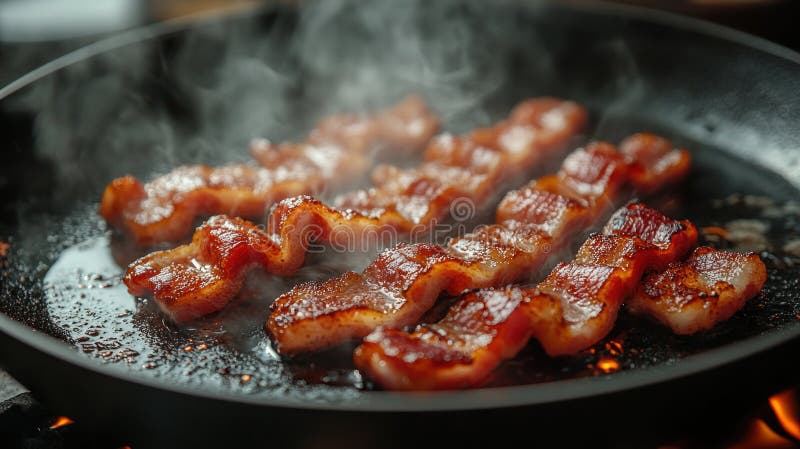 Crispy Bacon Strips Sizzling in a Pan with Steam Rising Stock ...