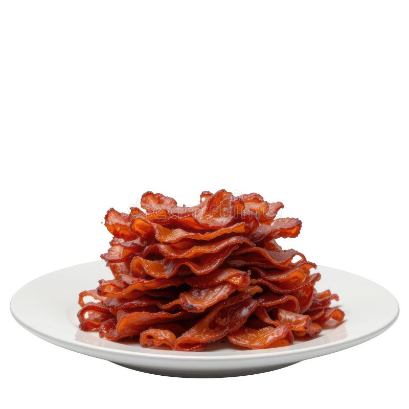 Crispy Bacon Strips Stacked High on White Plate, Creating Appetizing ...