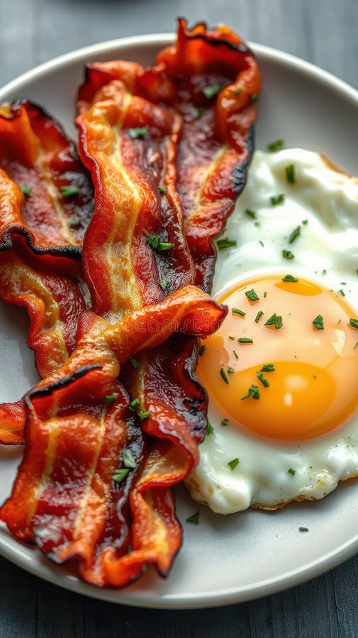 Crispy Bacon Strips and Sunny-side Up Egg Served on a Plate with Herbs ...