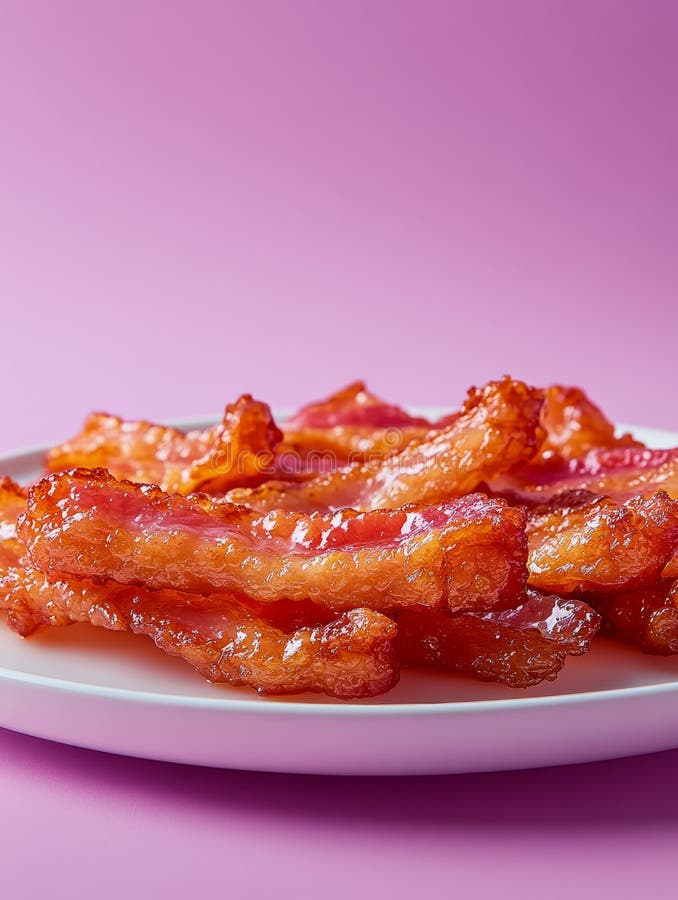 Crispy Bacon Strips on a White Plate with a Pink Background. Stock ...
