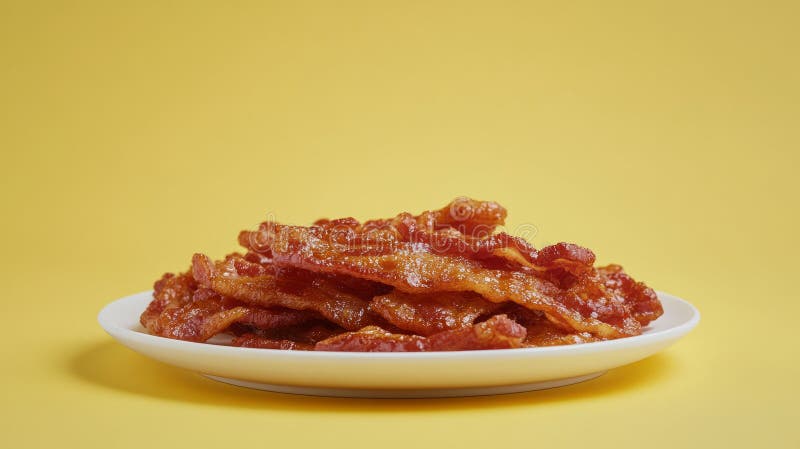 Crispy Bacon Strips on a White Plate with a Yellow Background. Stock ...