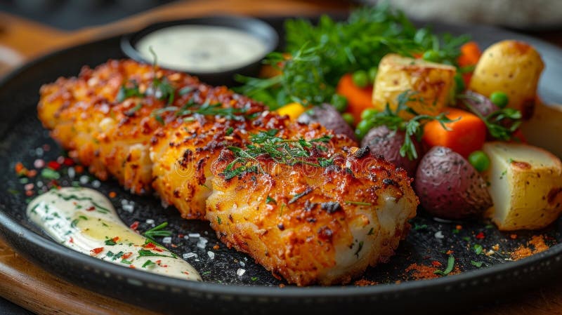 Crispy Baked Cod with Roasted Vegetables - Generative Ai Stock ...