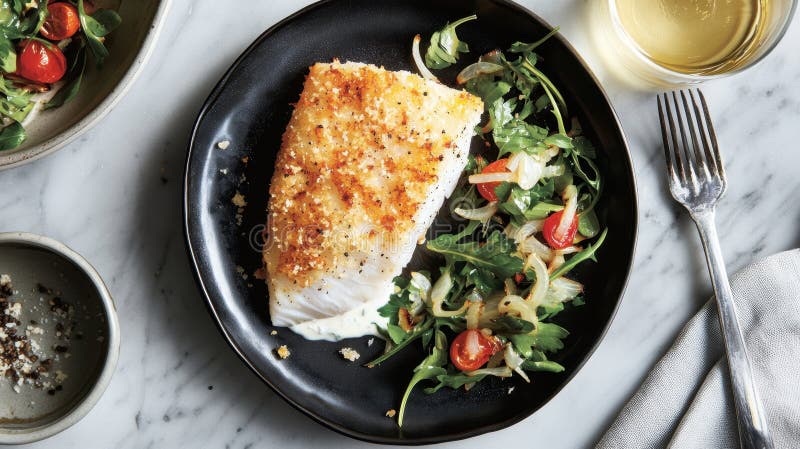 Crispy Baked Fish with Arugula Salad on Marble Table Setting Stock ...