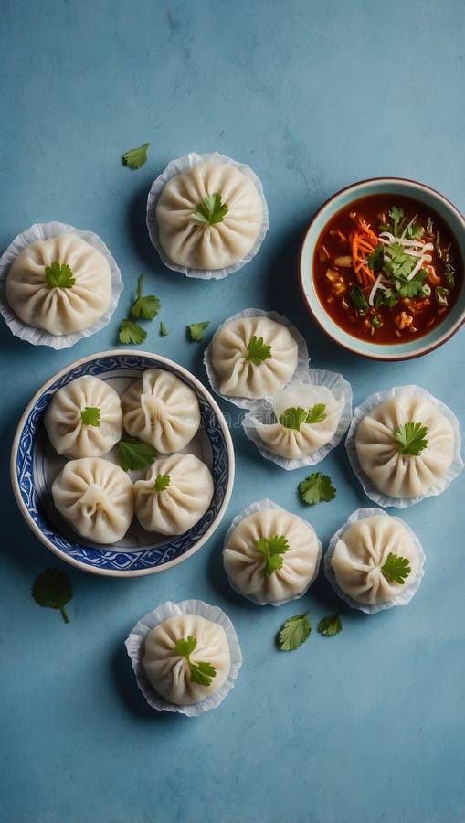 Crispy Baozi Dumplings with Cilantro and Dipping Sauce Stock ...
