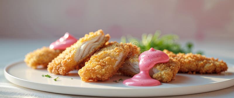 Crispy Battered Fish Portions Served with Pink Sauce Stock Image ...