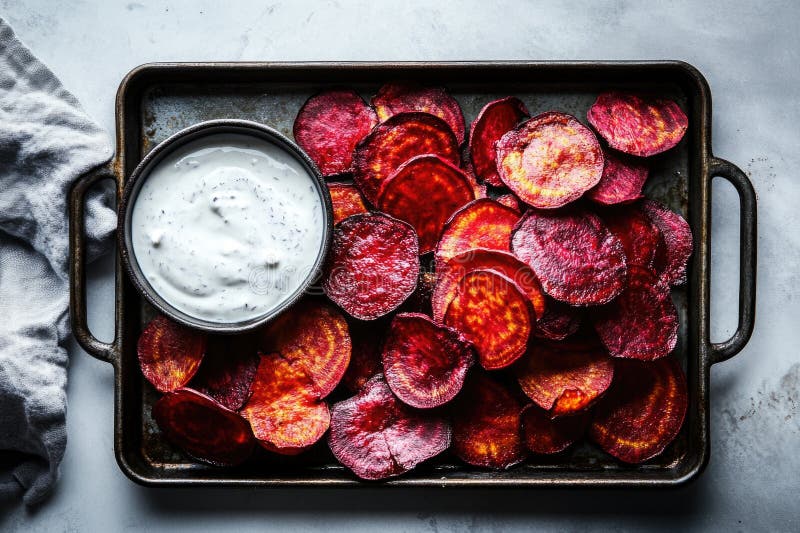 Crispy Beetroot Chips with Creamy Dip on Baking Tray Stock Image ...