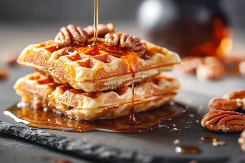 Crispy Belgian Waffles Drizzled with Golden Maple Syrup and Walnuts ...