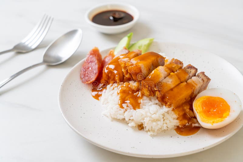Crispy Pork on Rice with Barbecue Sauce Stock Photo - Image of crispy ...