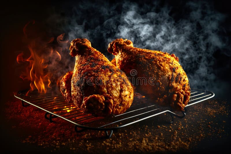 Crispy Breaded Chicken Drumsticks on a Grill with Smoke and Fire ...