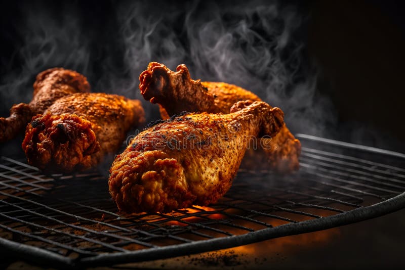 Crispy Breaded Chicken Drumsticks on a Grill with Smoke and Fire ...