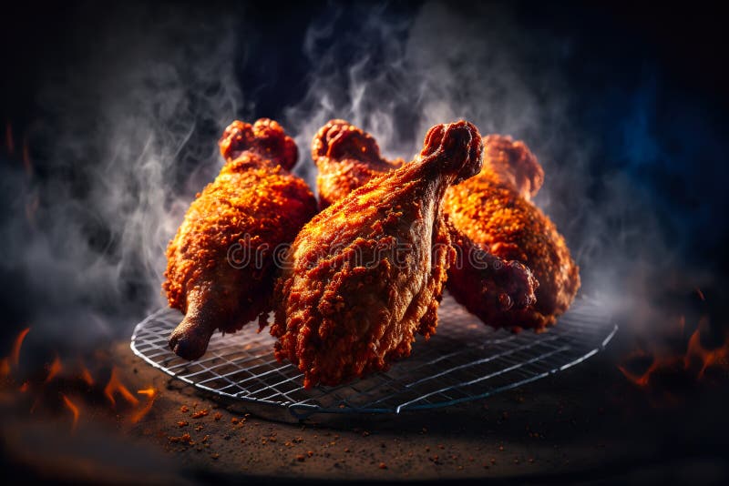 Crispy Breaded Chicken Drumsticks on a Grill with Smoke and Fire ...