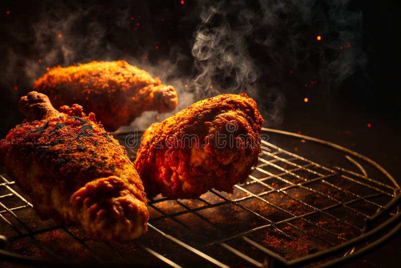 Crispy Breaded Chicken Drumsticks on a Grill with Smoke and Fire ...
