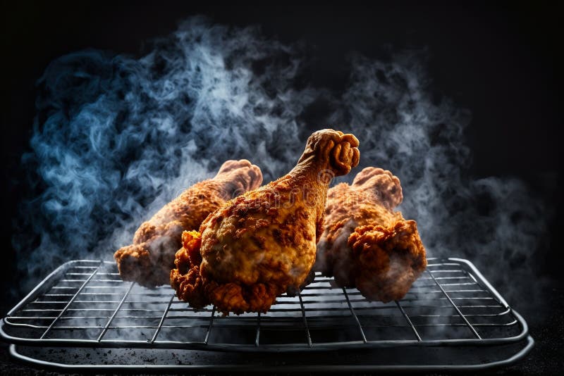 Crispy Breaded Chicken Drumsticks on a Grill with Smoke and Fire ...