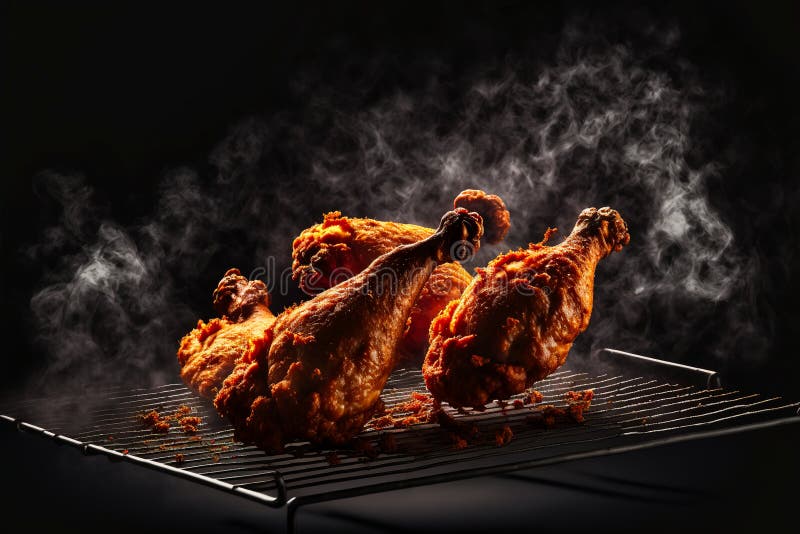 Crispy Breaded Chicken Drumsticks on a Grill with Smoke and Fire ...