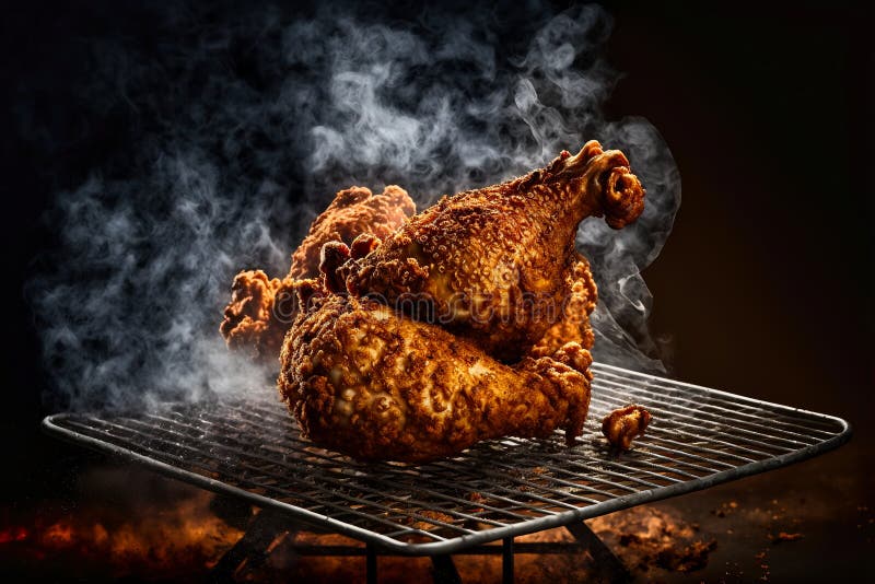 Crispy Breaded Chicken Drumsticks on a Grill with Smoke and Fire ...