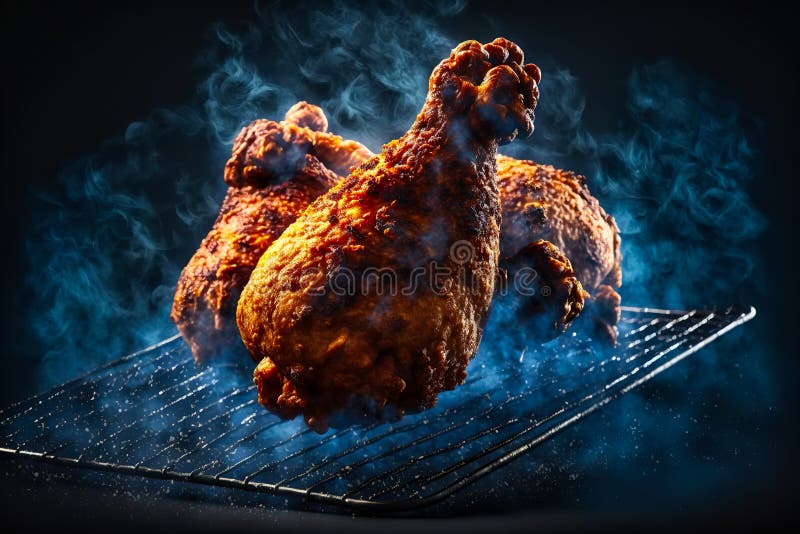 Crispy Breaded Chicken Drumsticks on a Grill with Smoke and Fire ...