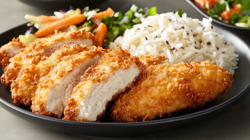 Crispy Breaded Chicken with Rice and Mixed Vegetables on a Plate Stock ...