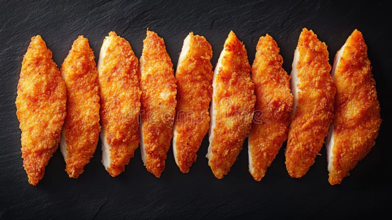 Crispy Breaded Chicken Strips Arranged on a Dark Surface Stock ...