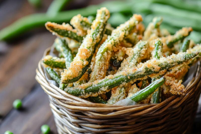 Crispy Breaded Green Bean Fries in a Wicker Basket Stock Illustration ...