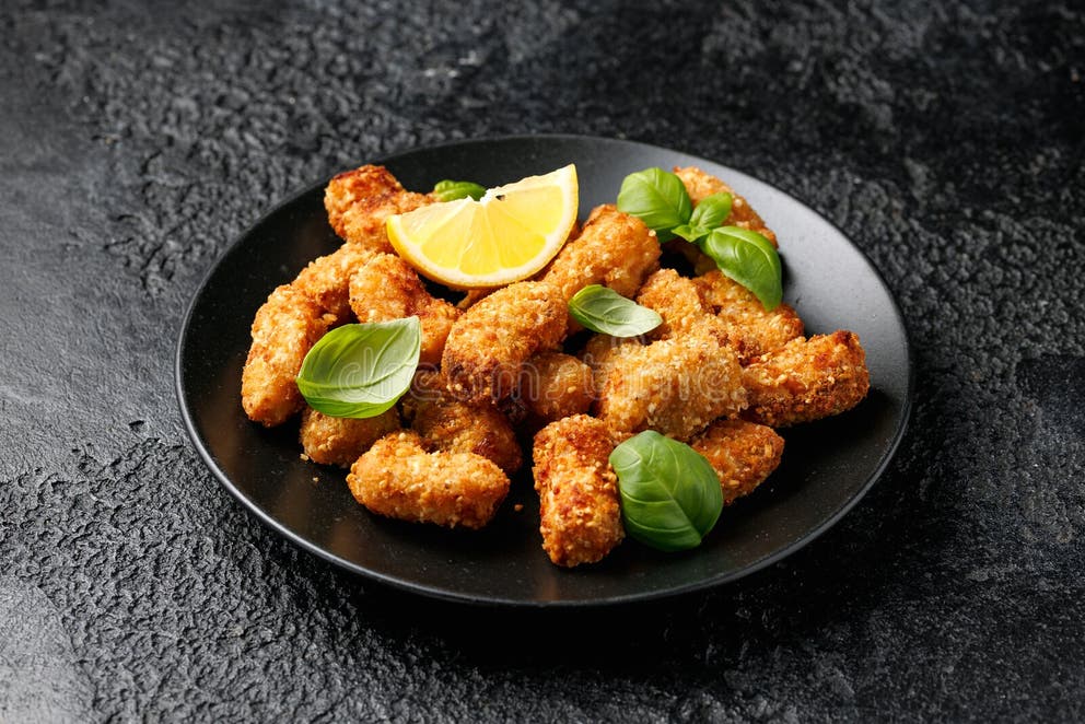 Crispy Breaded Scampi Nuggets with Sauce on Plate Stock Photo - Image ...