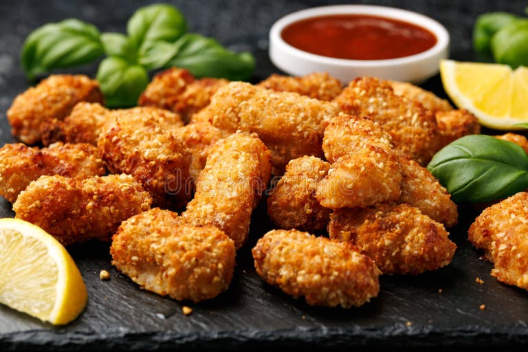 Crispy Breaded Scampi Nuggets with Sauce on Stone Board Stock Image ...