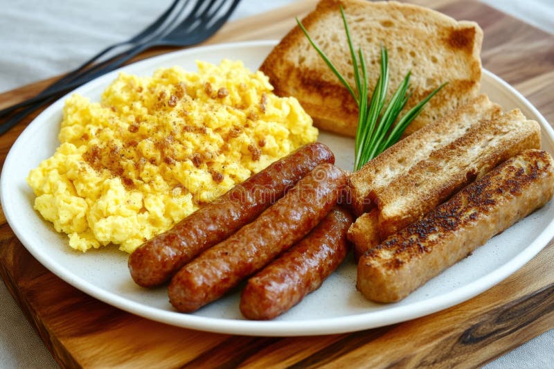 Crispy Breakfast Sausage Links Served with Scrambled Eggs and Toast ...