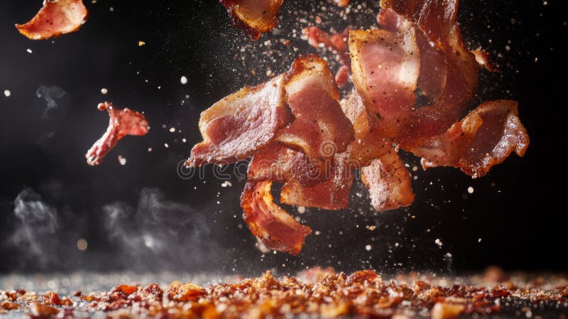 Crispy Brown Bacon Pieces Falling on Dark Background Stock Illustration ...