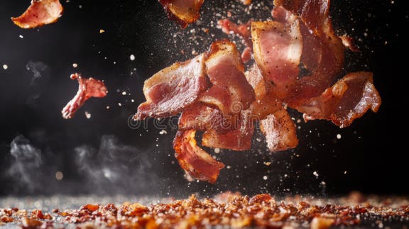 Crispy Brown Bacon Pieces Falling on Dark Background Stock Illustration ...