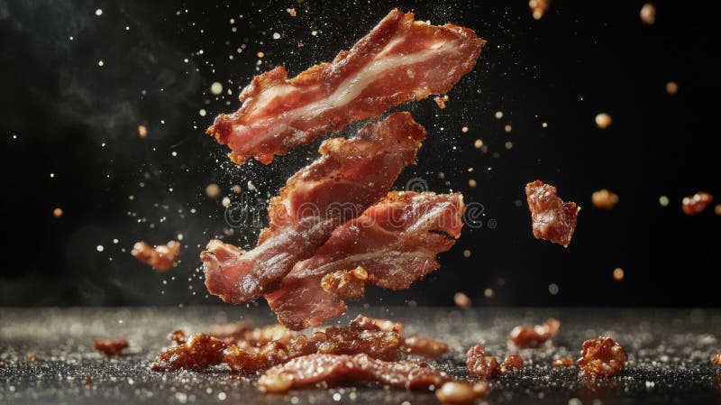 Crispy Brown Bacon Pieces Flying Against Dark Background Stock ...