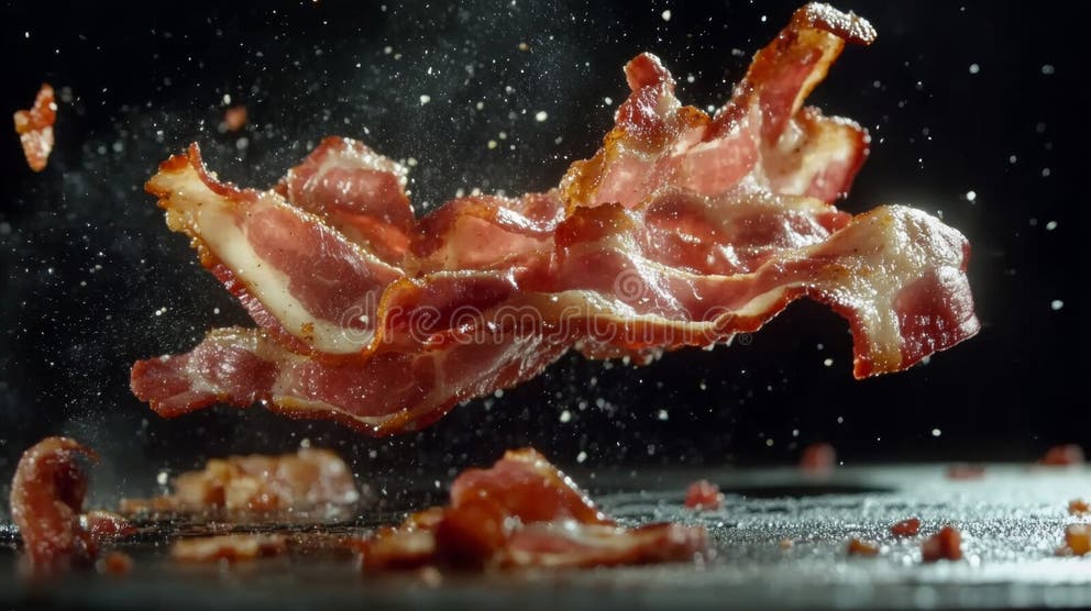 Crispy Brown Bacon Strips Flying Against Dark Background Stock ...