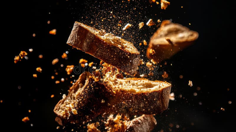 Crispy Brown Bread Crumbs Falling on Black Background Stock ...