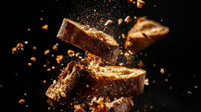 Crispy Brown Bread Crumbs Falling on Black Background Stock ...