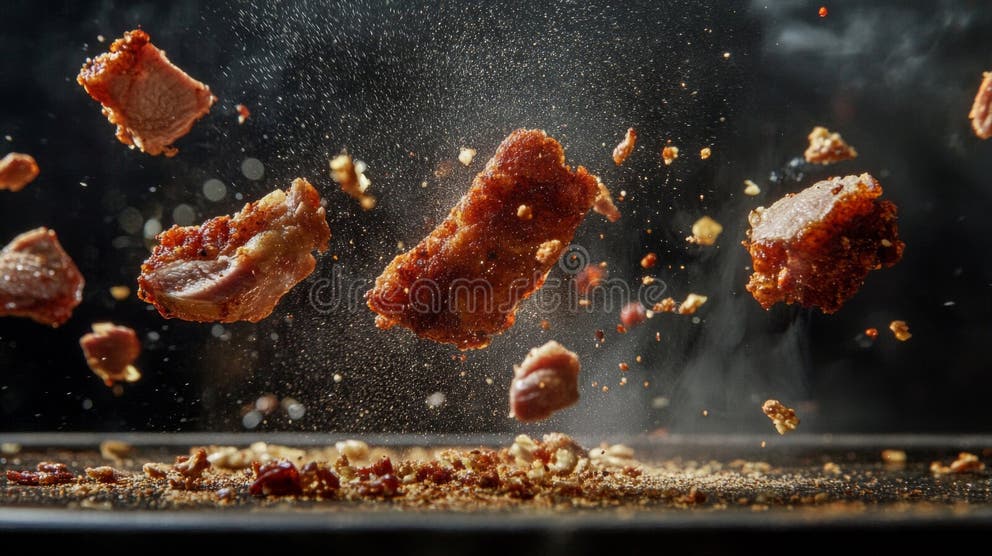 Crispy Brown Meat Pieces Falling on Dark Background Stock Illustration ...