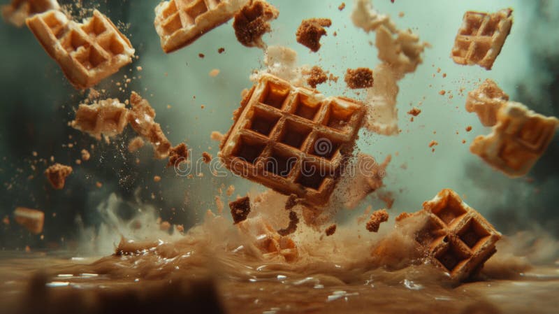 Crispy Brown Waffles Splashing into Brown Liquid Stock Illustration ...
