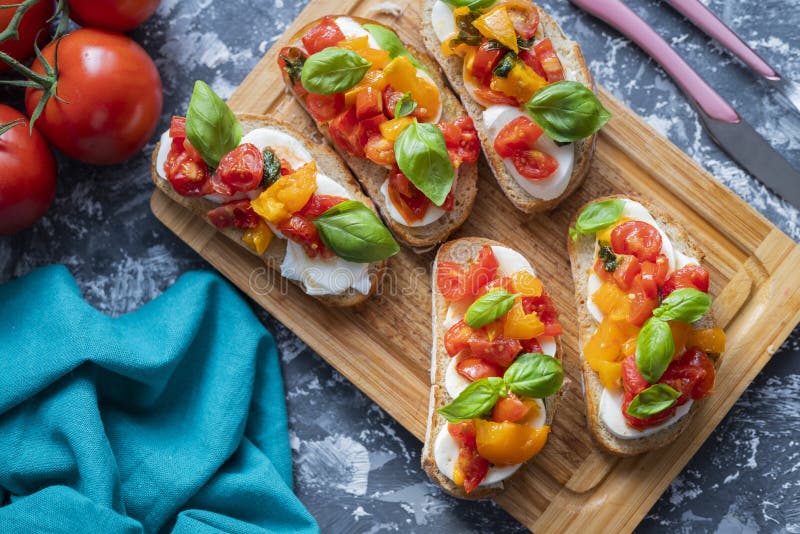 Crispy Bruschetta Bread with Mozzarella Cheese Stock Photo - Image of ...