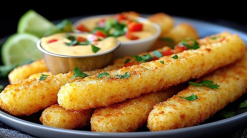 Crispy Cheese Sticks, Dips, Lime Wedges. Food Photography for Menu ...
