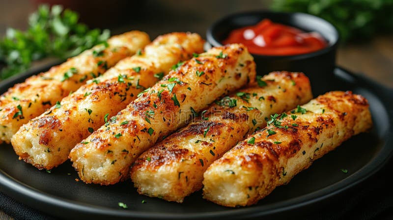 Crispy Cheese Sticks, Ketchup, Parsley, Dark Plate, Close-up Stock ...
