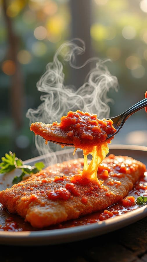 Crispy Cheese-stuffed Fried Chicken with Spicy Tomato Sauce in Sunlit ...