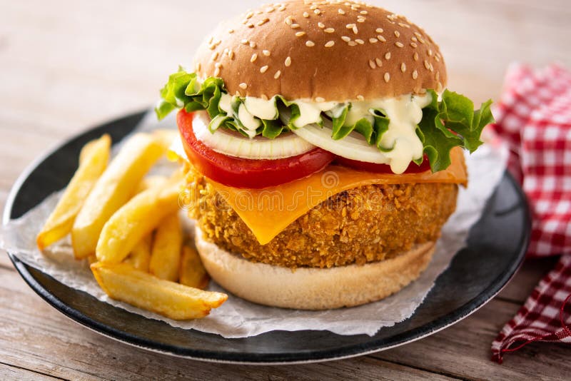 Crispy Chicken Burger with Cheese Stock Photo - Image of meal, snack ...