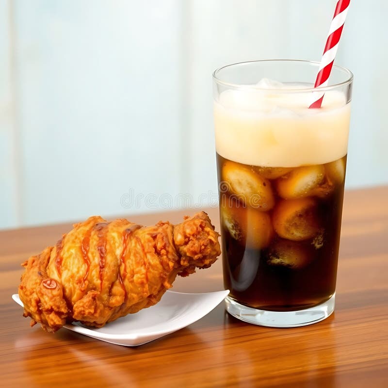 A Crispy Chicken Drumstick with a Frothy Glass of Cola Float Stock ...