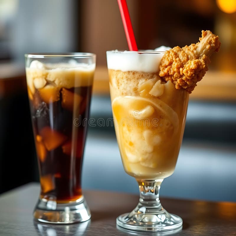 A Crispy Chicken Drumstick with a Frothy Glass of Cola Float Stock ...