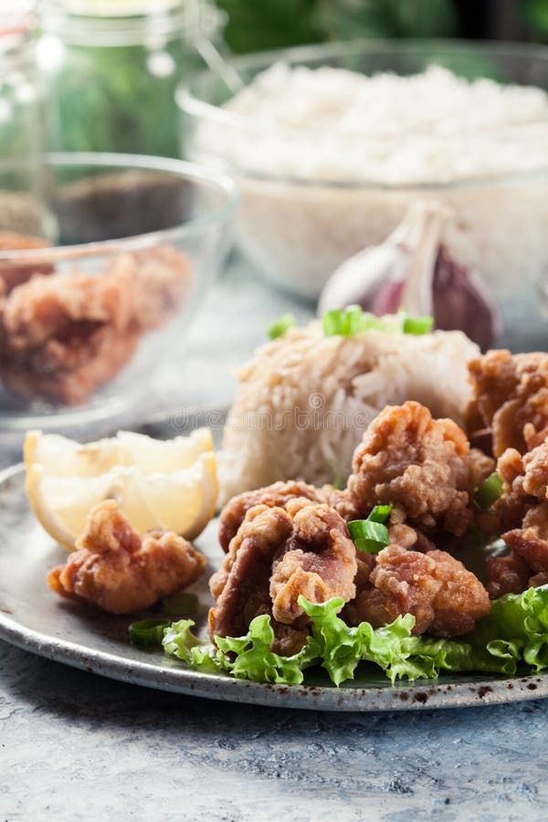 Crispy Chicken Karaage Served with Rice Stock Photo - Image of chicken ...