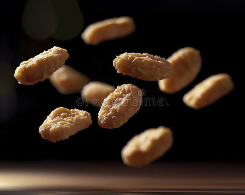 Crispy Chicken Nuggets Falling in Air on Black Background Stock ...