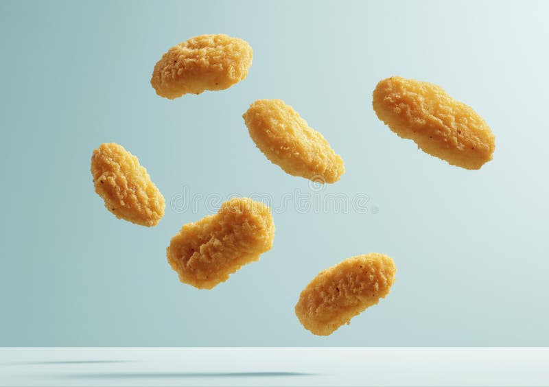 Crispy Chicken Nuggets Falling in Air on Blue Background Stock ...