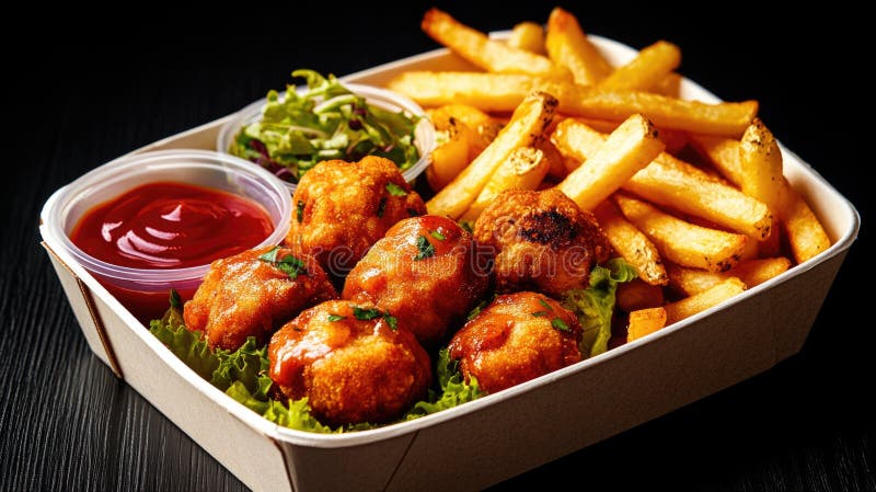 Crispy Chicken Nuggets with Fries and Ketchup in Takeout Box Stock ...