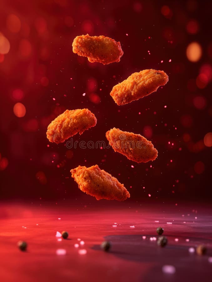 Crispy Chicken Nuggets in Mid-air with Spices on a Vibrant Red Backdrop ...