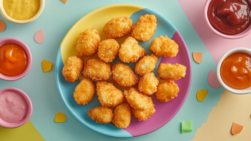 Crispy Chicken Nuggets Served with Various Dips Stock Illustration ...