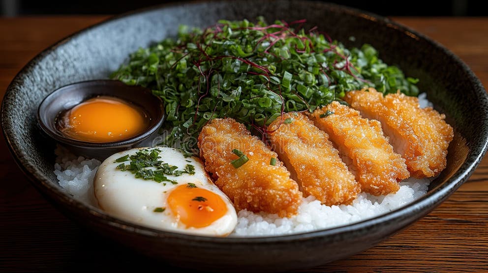 Crispy Chicken, Rice, and Egg Bowl Stock Illustration - Illustration of ...